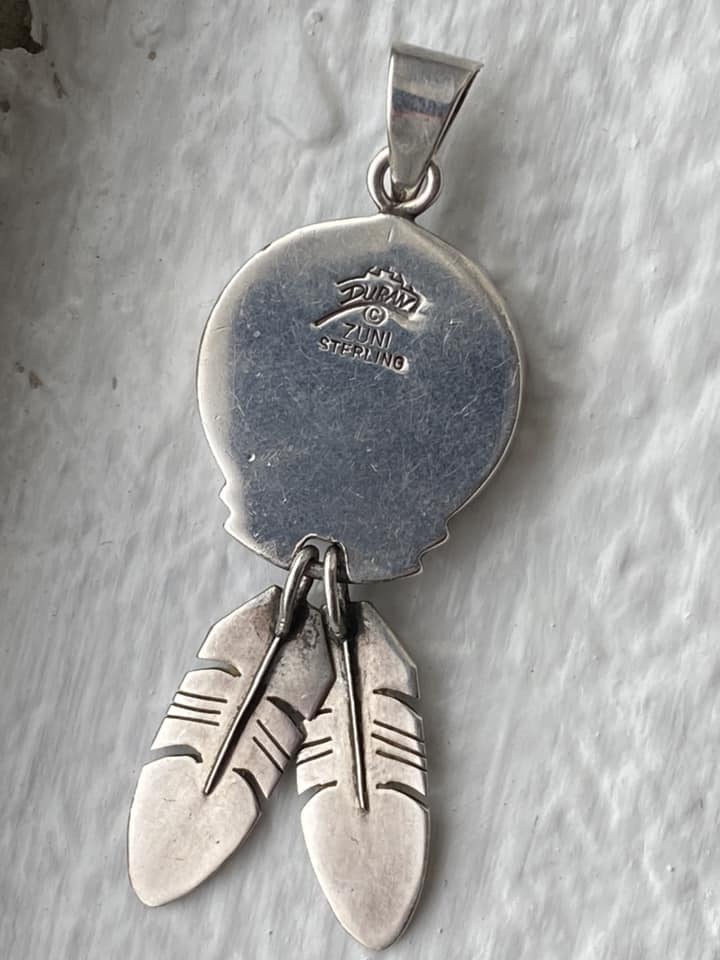 Zuni Duran Gasper Signed Sterling Silver Inlay Feathers Sunface Pendant ...