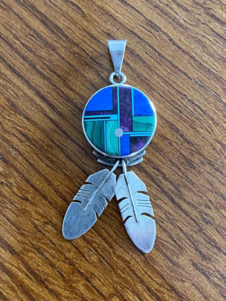 Zuni Duran Gasper Signed Sterling Silver Inlay Feathers Sunface Pendant ...