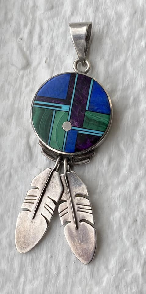Zuni Duran Gasper Signed Sterling Silver Inlay Feathers Sunface Pendant ...