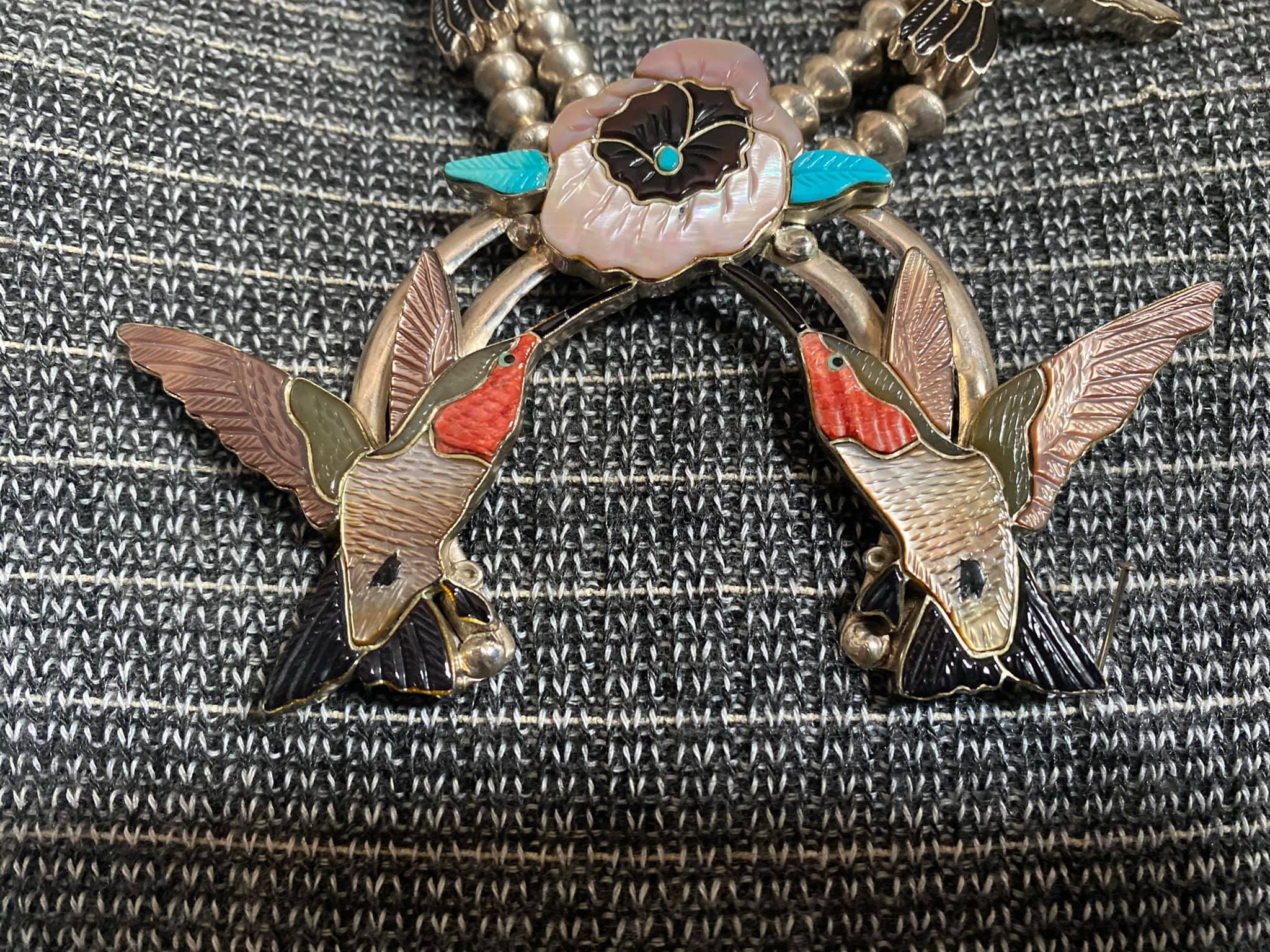 Zuni Tewa Shirley Benn signed sterling silver hummingbirds and flowers ...