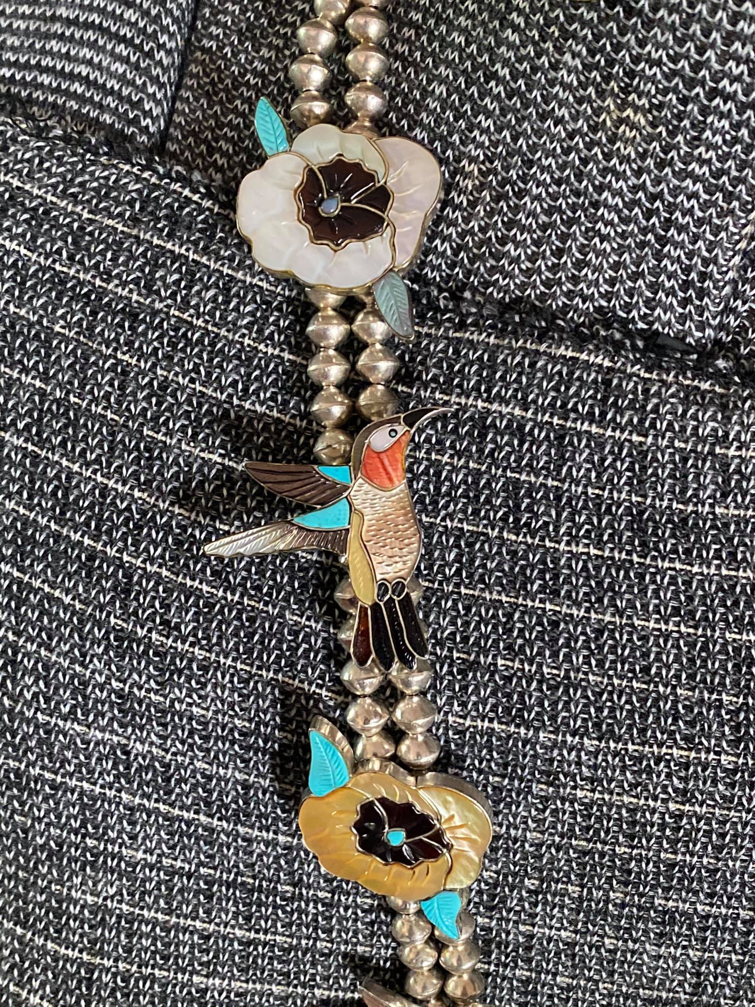 Zuni Tewa Shirley Benn signed sterling silver hummingbirds and flowers ...