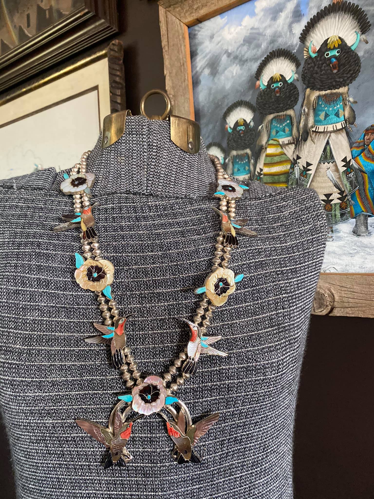 Zuni Tewa Shirley Benn signed sterling silver hummingbirds and flowers ...