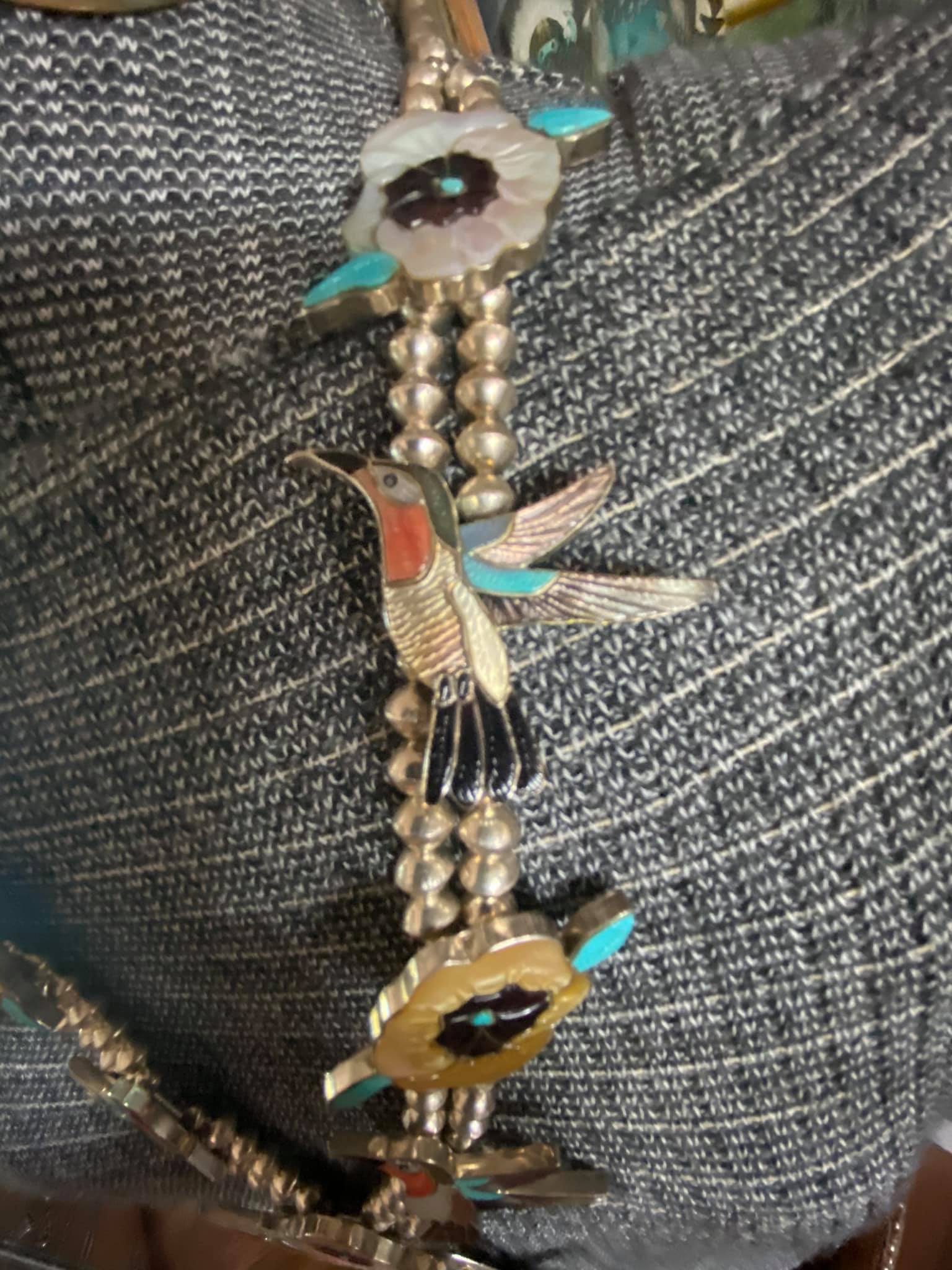 Zuni Tewa Shirley Benn signed sterling silver hummingbirds and flowers ...