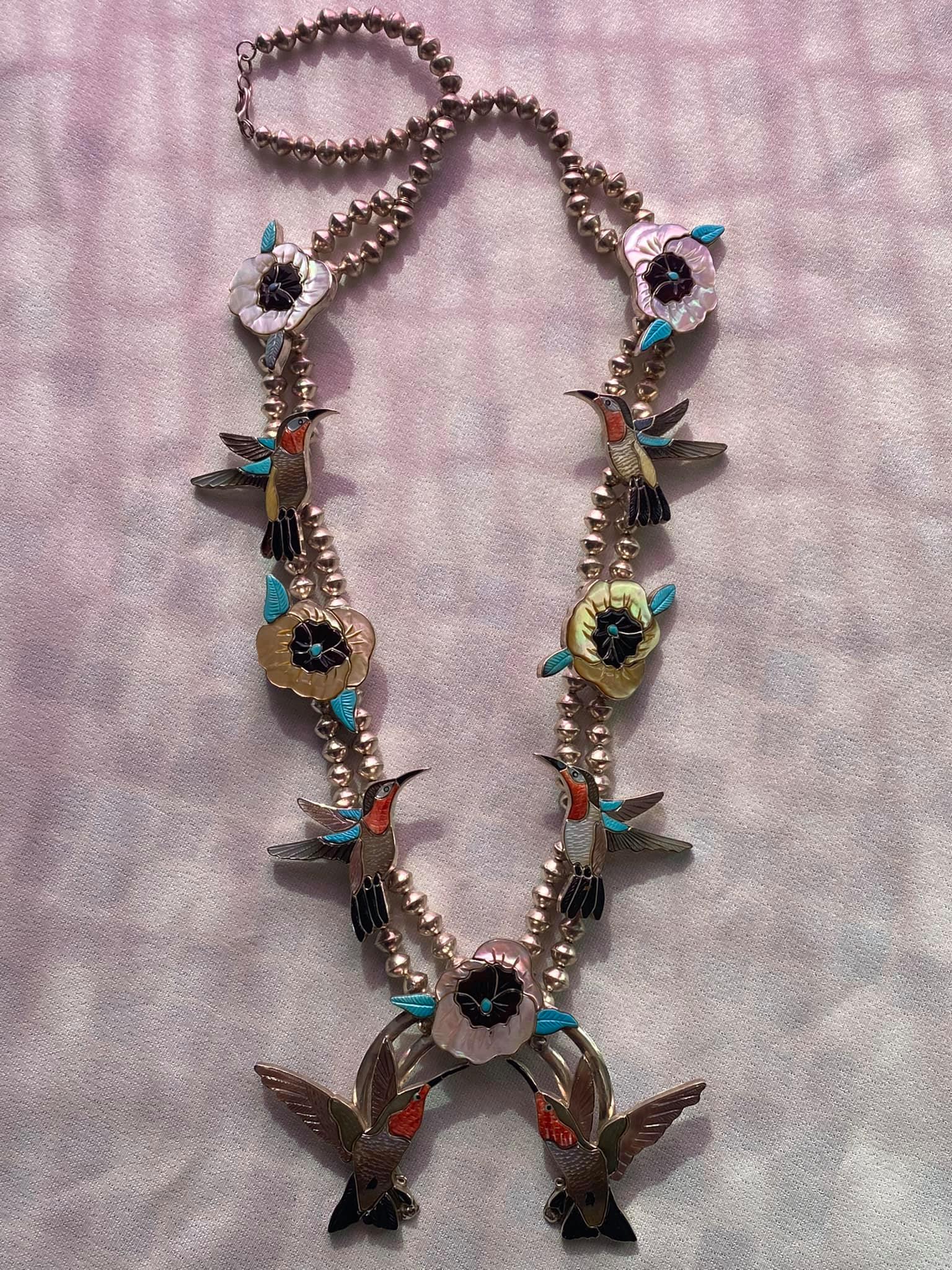 Zuni Tewa Shirley Benn signed sterling silver hummingbirds and flowers ...