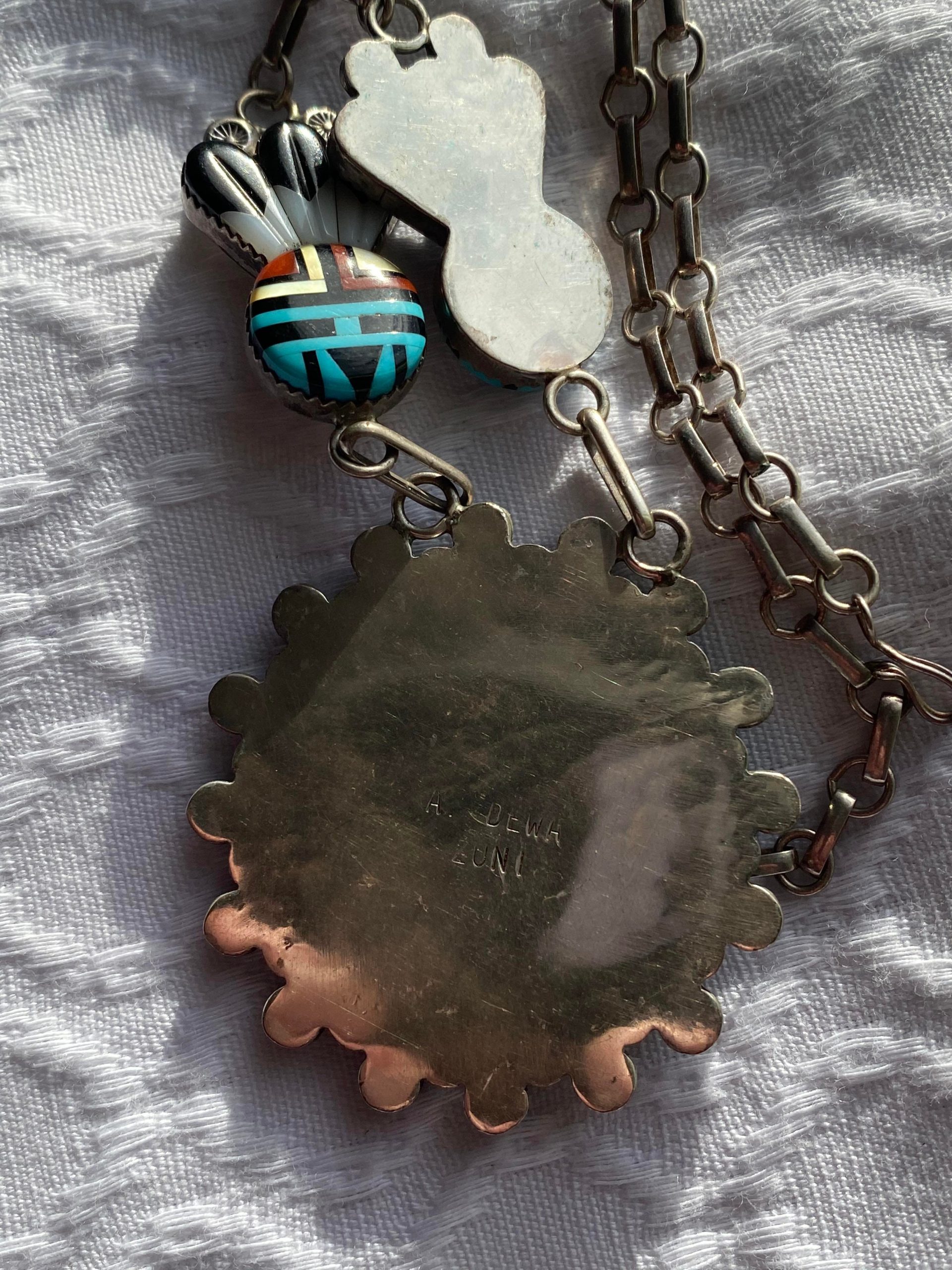 Zuni Andrew Dewa signed Sterling Silver Hopi Sunface Kachina Necklace ...