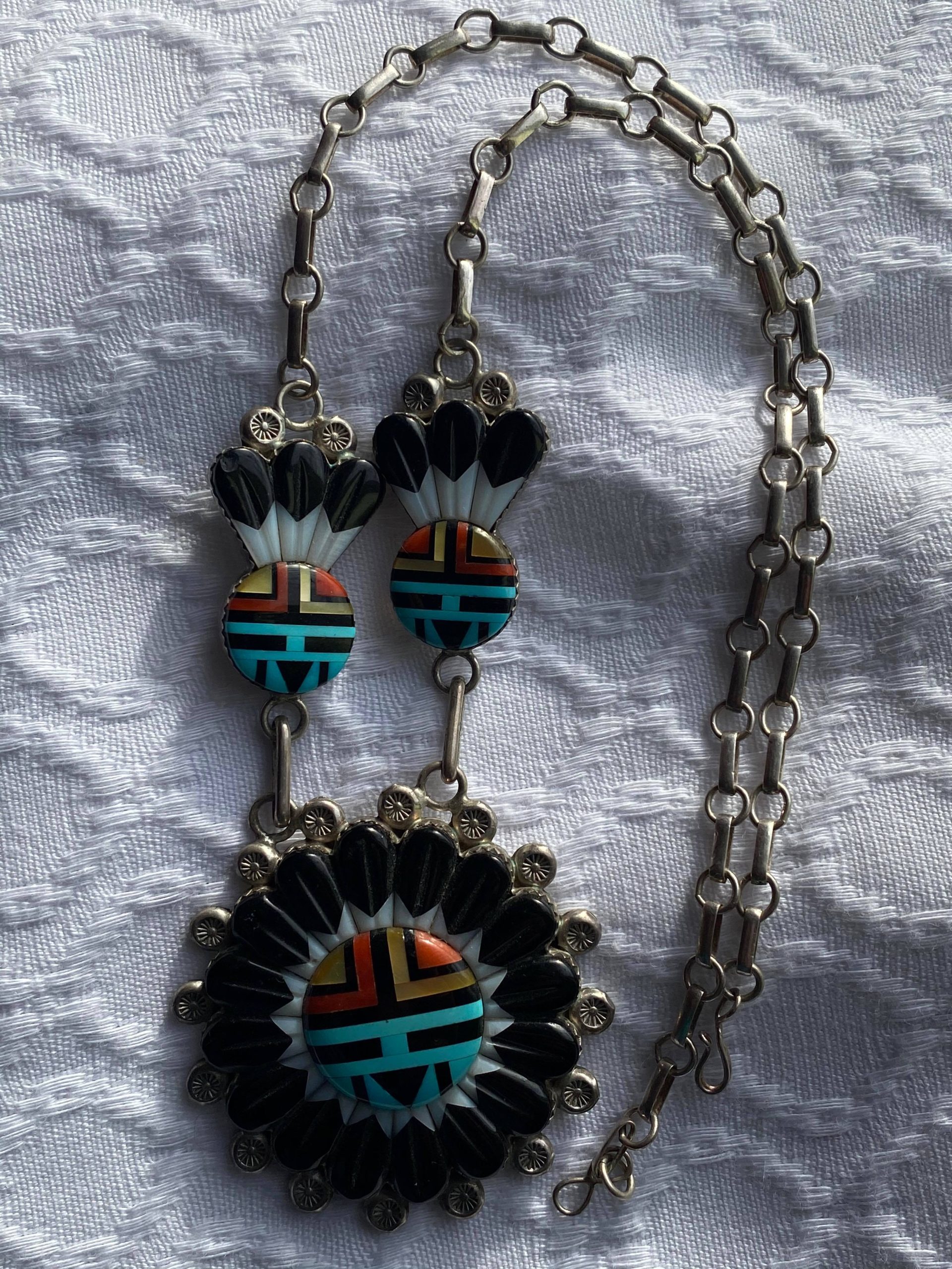 Zuni Andrew Dewa signed Sterling Silver Hopi Sunface Kachina Necklace ...