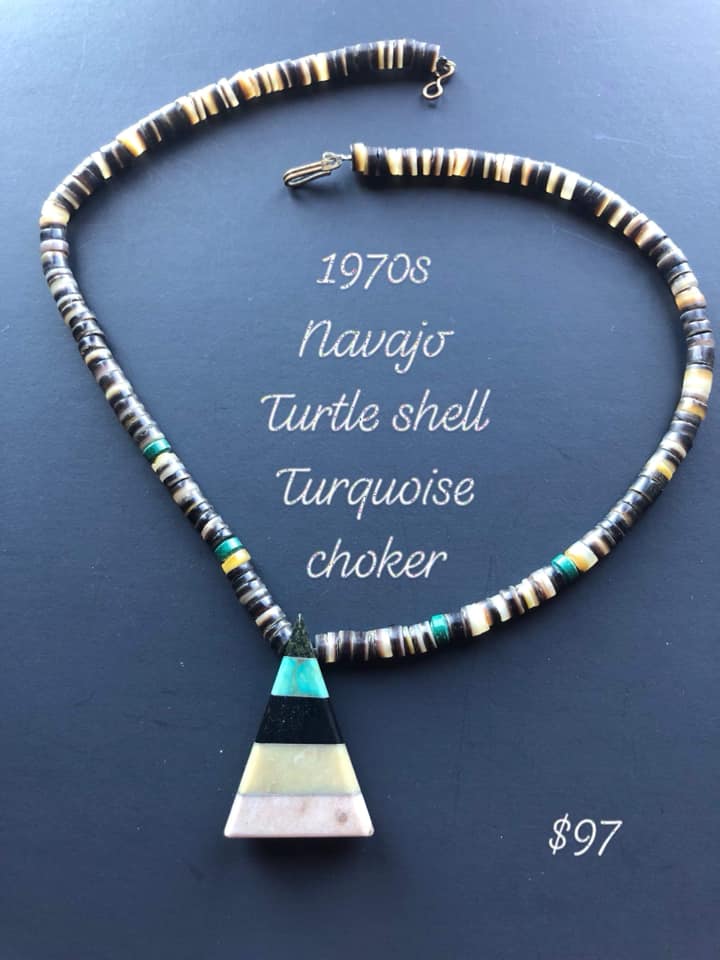 Vintage turtle shell and turquoise and coral beaded heishi necklace ...